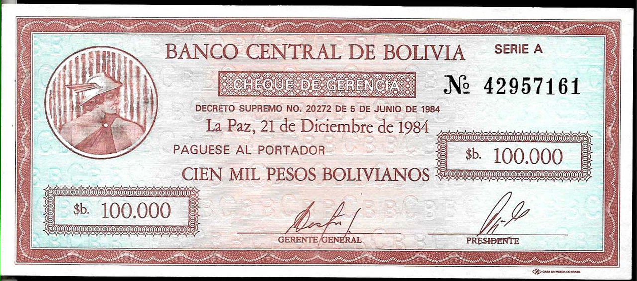 #B45 BOLIVIA 100000 PESOS BOLIVIANOS BONO - ESTAMPILLAS MONEDAS ...